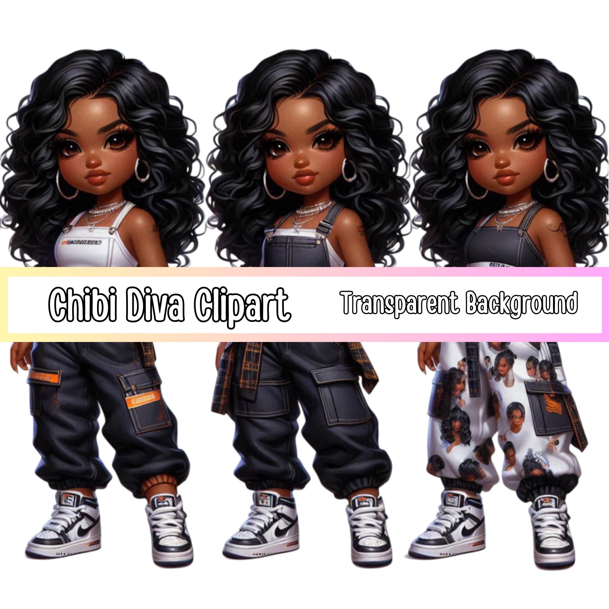 Chibi Girl Clipart, Chibi Fashion Clipart, Chibi Diva Clipart, Black ...