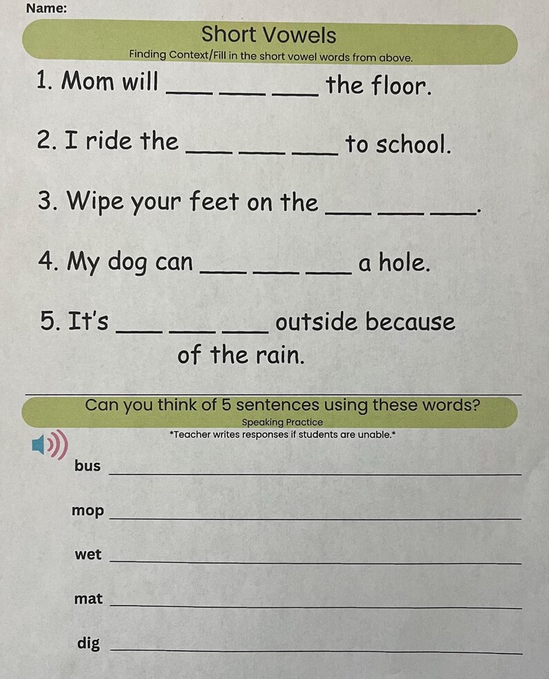 Short Vowel Practice Worksheet (can Be Used for Dyslexia Intervention ...