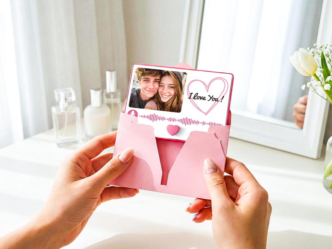 Couple Photo Audio Valentine Card: Pink Heart Play Button Card ...