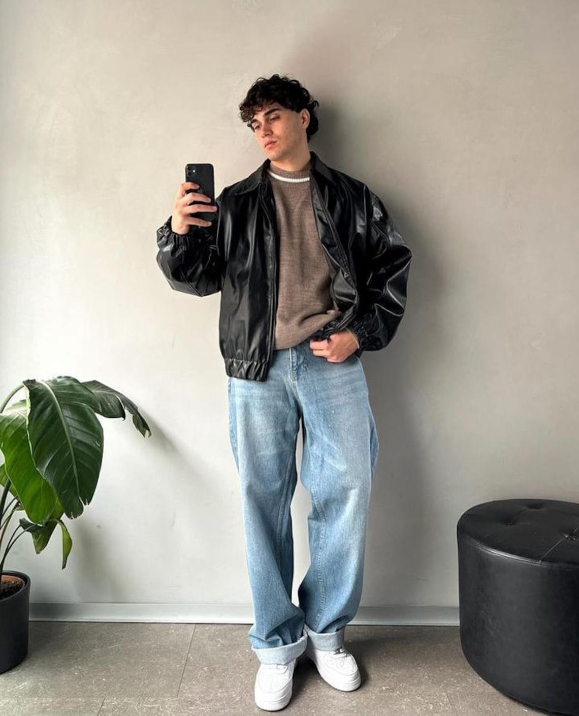 Men's Oversized Black Bomber Leather Jacket - Baggy Streetwear Style ...