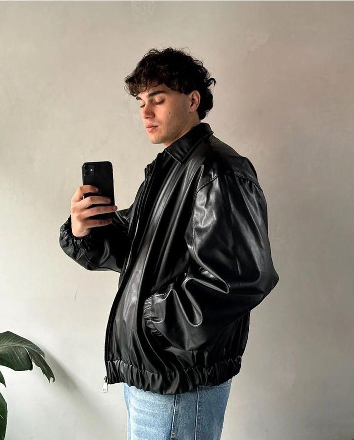Men's Oversized Black Bomber Leather Jacket - Baggy Streetwear Style ...