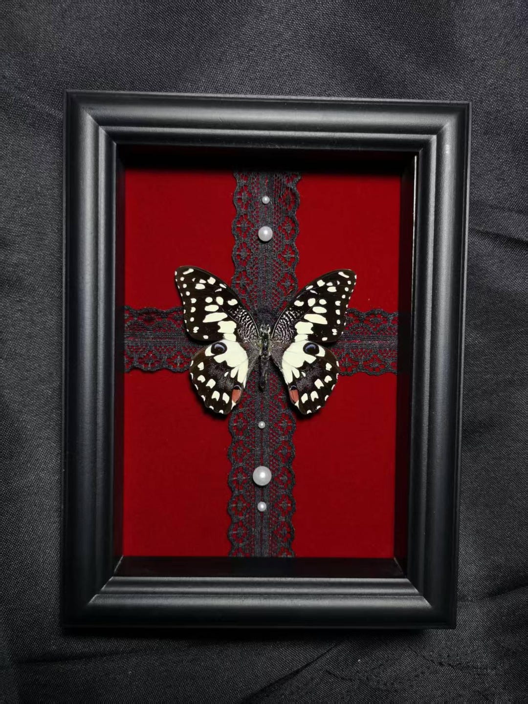 Gothic Butterfly Shadow Box: Black Lace & Red Velvet Dark Academia ...
