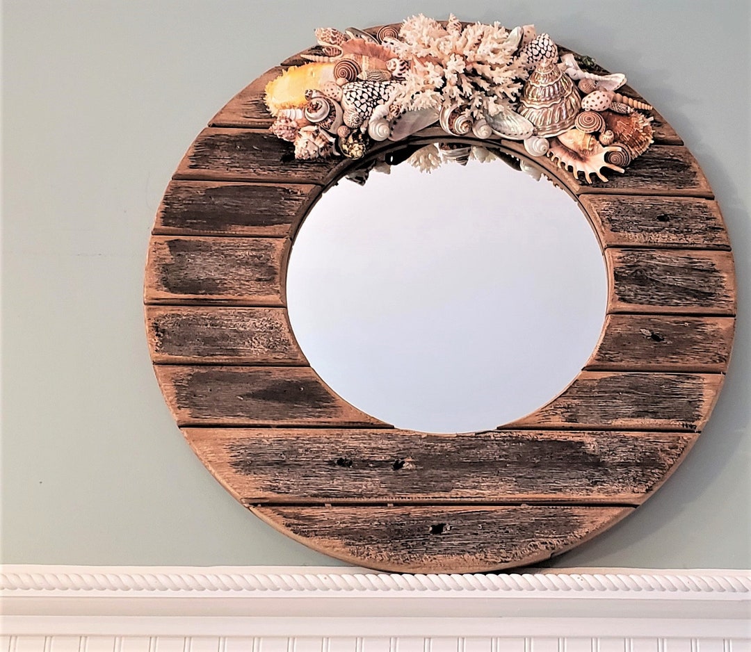 Round Seashell Mirror, Beach Decor Wood Plank Shell Mirror W Coral ...