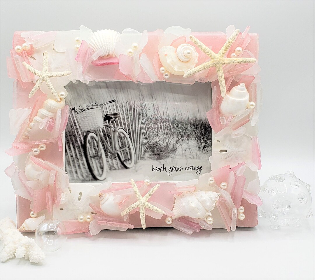 Pink Sea Glass Picture Frame: Coastal Nautical Beach Glass Decor Art ...