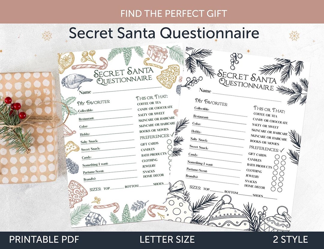Secret Santa Question Cards, Fun and Festive Holiday Set 2 Styles ...