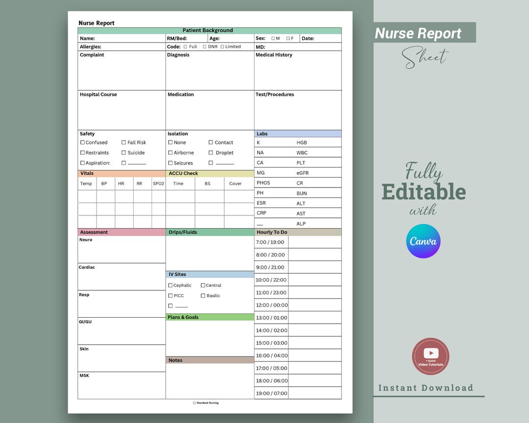 Editable Nurse Report Sheet Printable, Digital Nurse Brain Sheet, Single Patient Reporting ...