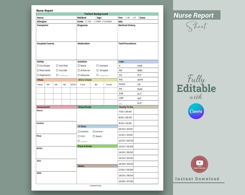 Editable Nurse Report Sheet Printable, Digital Nurse Brain Sheet ...