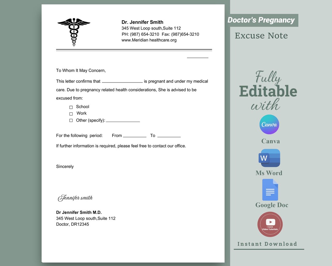 Editable Doctor's Note for Pregnancy | OBGYN Work Excuse | School & Work Excuse Template ...