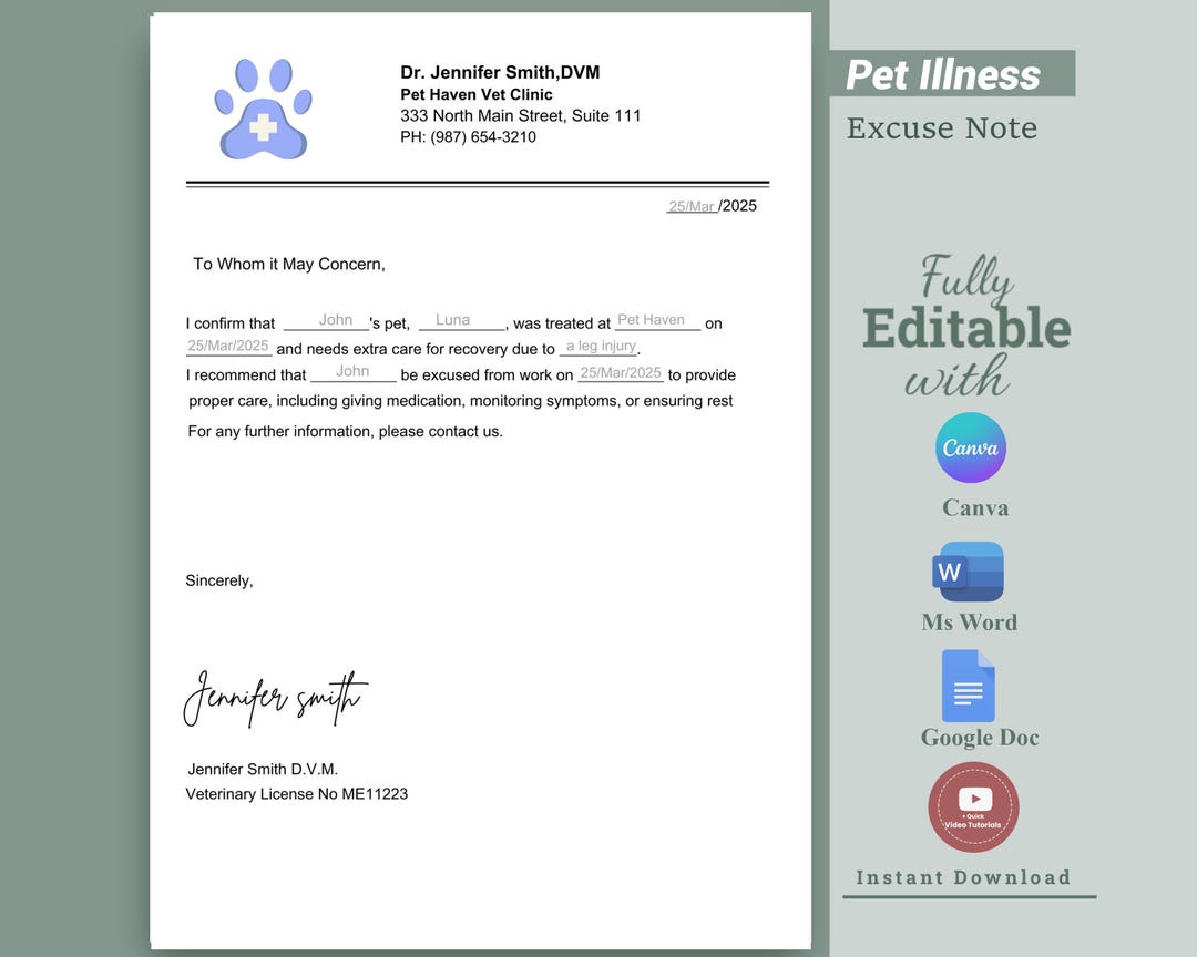 Veterinary Medical Leave Letter for Pet Illness – Dr. Excuse Note for ...