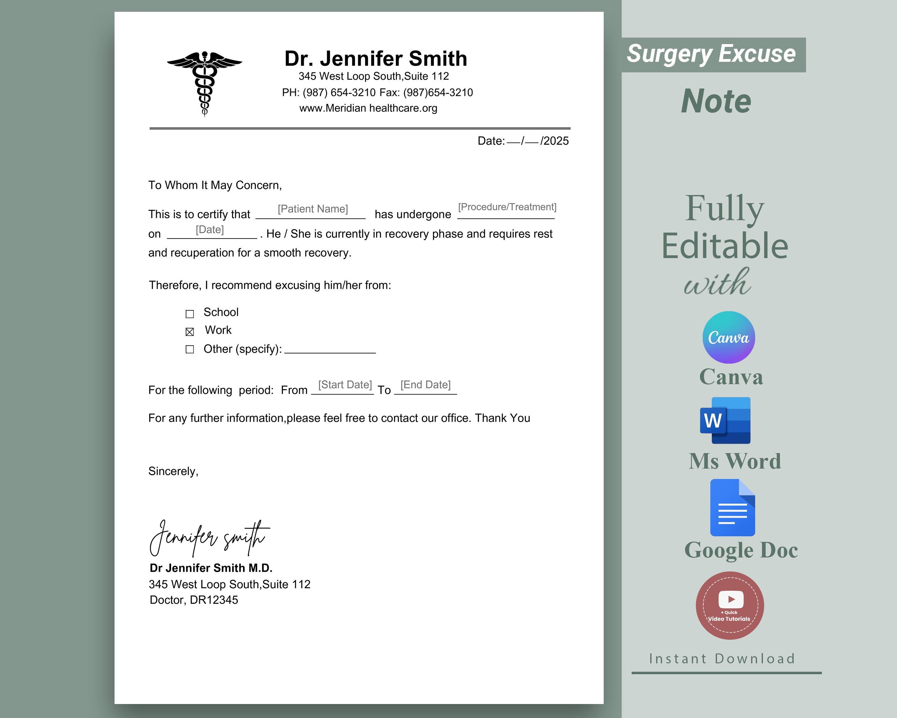 Dr Excuse Note for Surgery – Printable Doctor's Note for Work or School ...