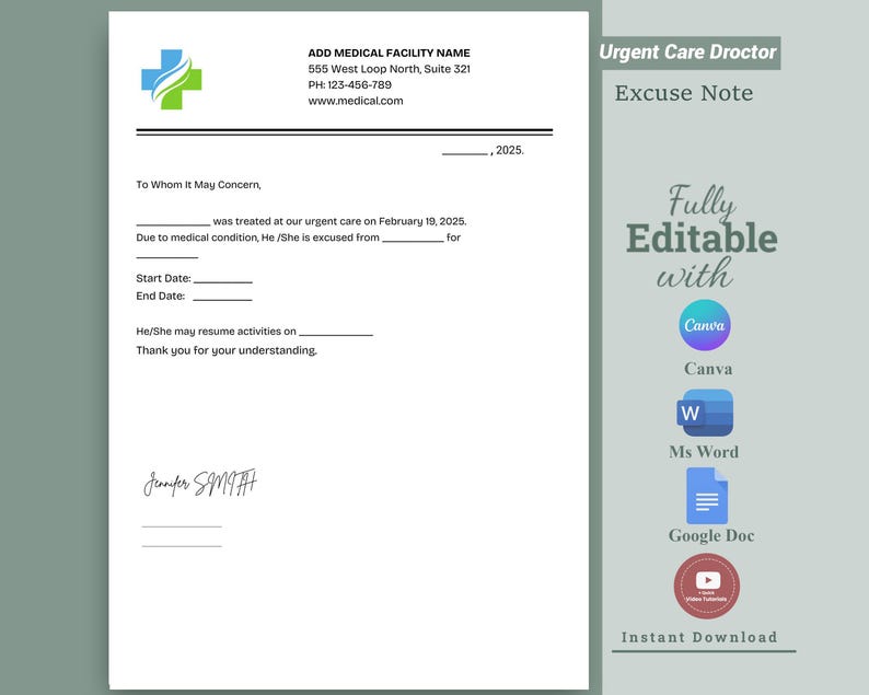 Editable Urgent Care Doctor Note for Work & School | Doctor Excuse Note Template | Doctor's ...