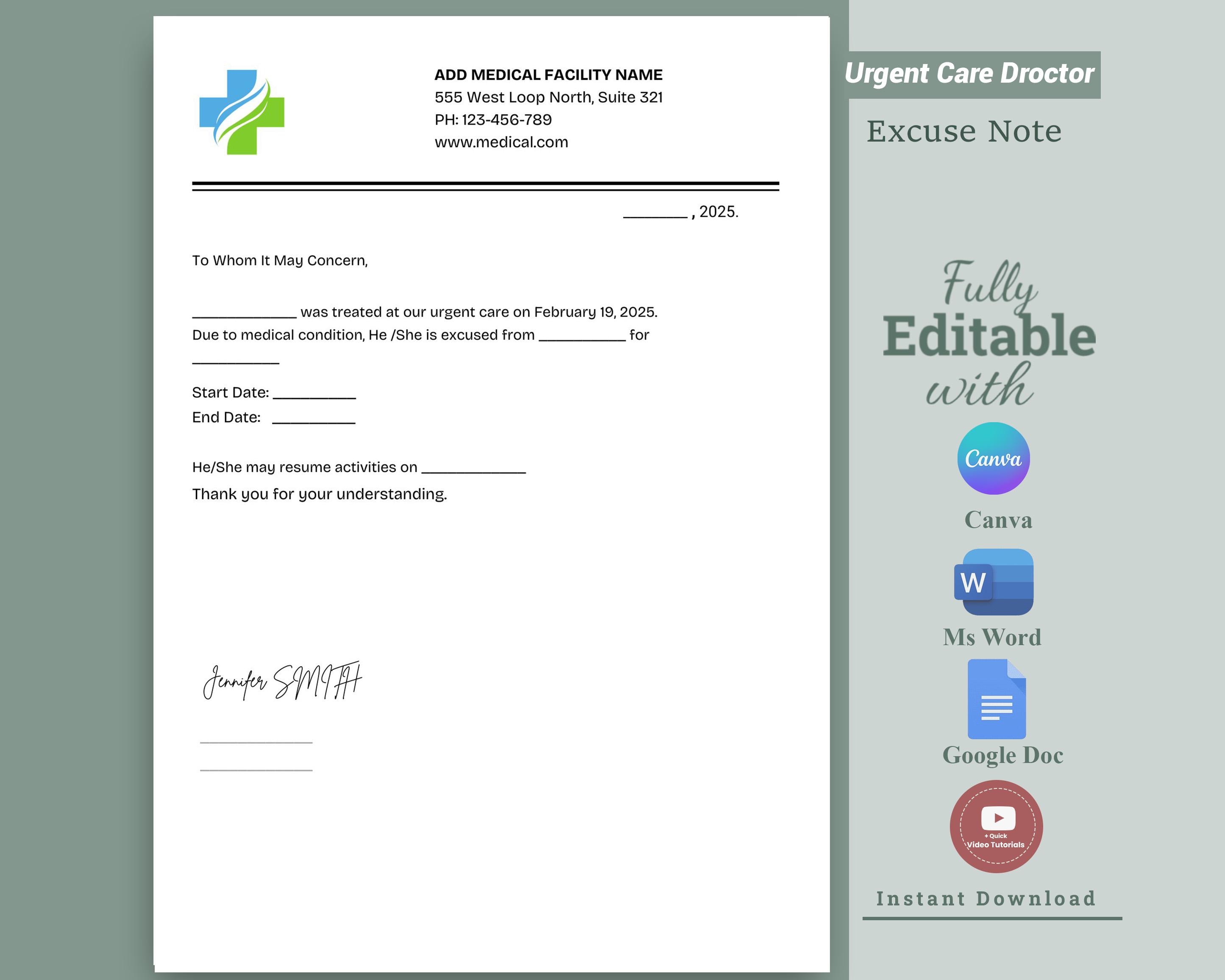 Editable Urgent Care Doctor Note for Work & School | Doctor Excuse Note ...