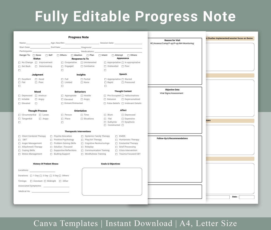 Editable Progress Note Template | Therapy Note | Nursing Progress Note ...