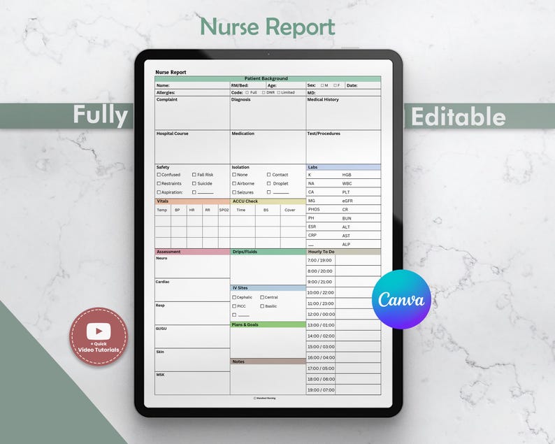 Editable Nurse Report Sheet Printable, Digital Nurse Brain Sheet, Single Patient Reporting ...