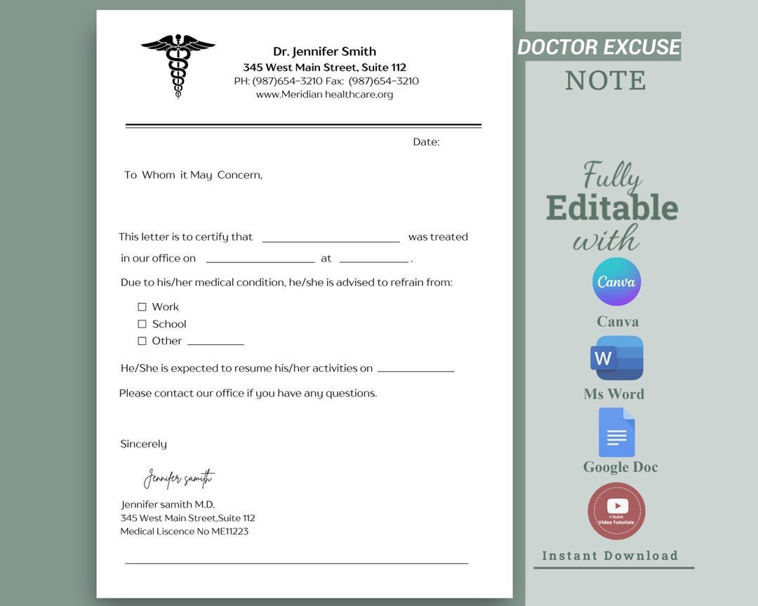 Note du docteur avec signature modifiable, note d'excuse du médecin ...