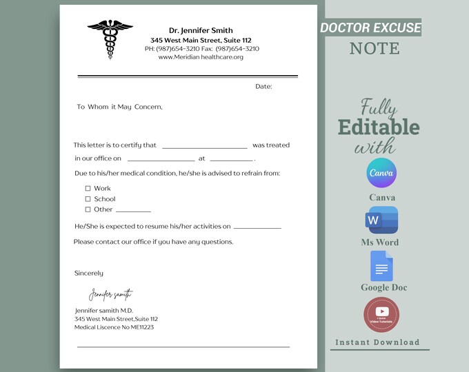 Editable Urgent Care Doctor Note for Work & School, Doctor Excuse Note Template, Doctor's Excuse ...