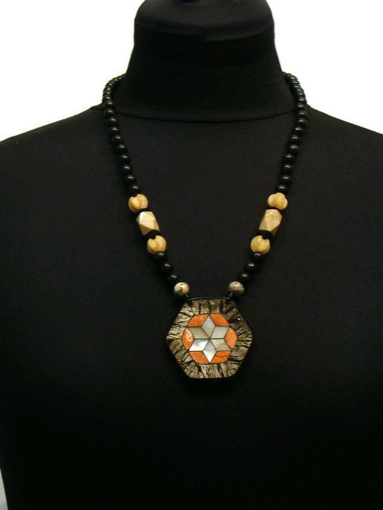 Vintage Wood and Stone Bead Inlay Pendant Necklace Vintage Pendant ...