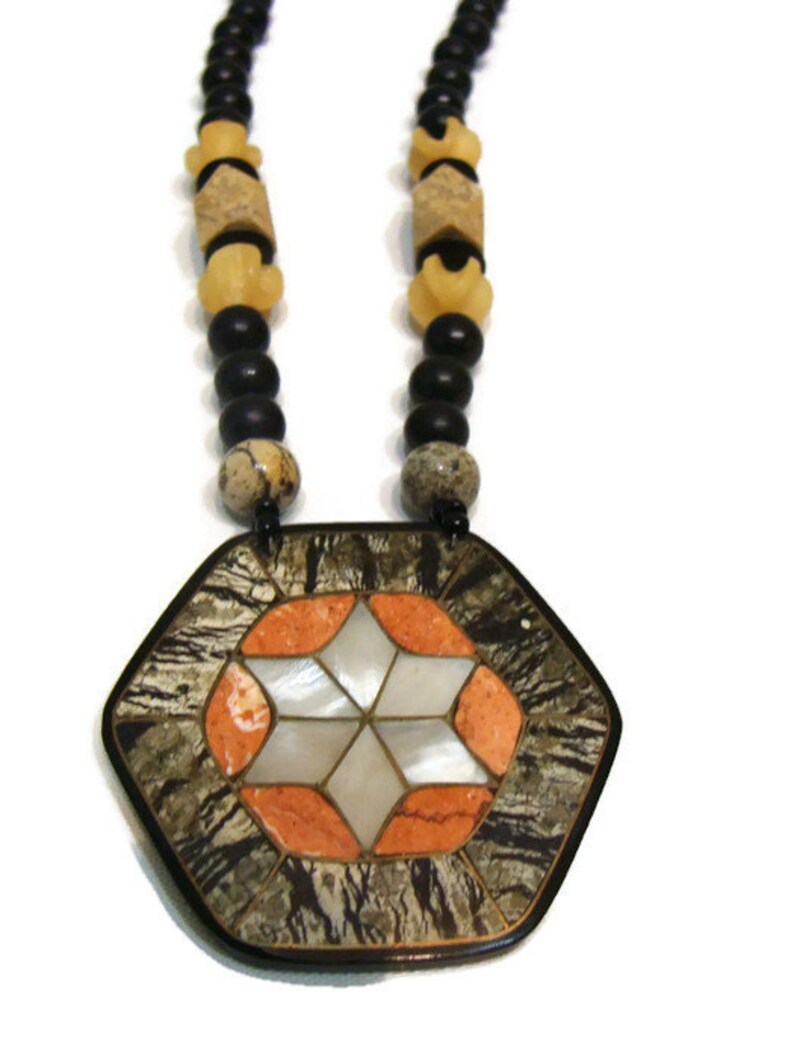Vintage Wood and Stone Bead Inlay Pendant Necklace Vintage Pendant ...