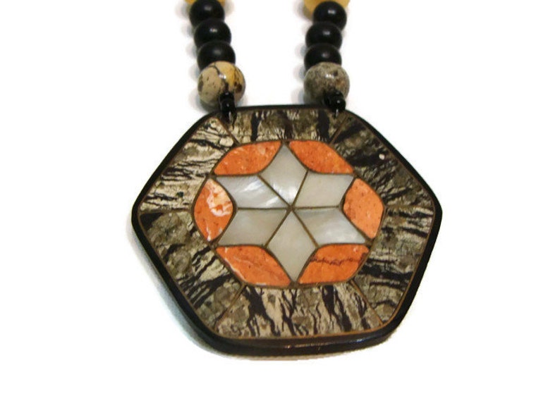 Vintage Wood and Stone Bead Inlay Pendant Necklace Vintage Pendant ...