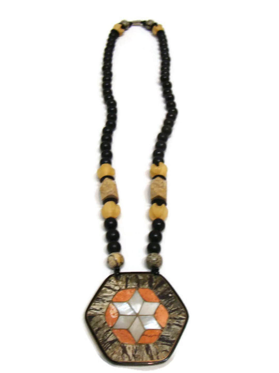 Vintage Wood and Stone Bead Inlay Pendant Necklace Vintage Pendant ...