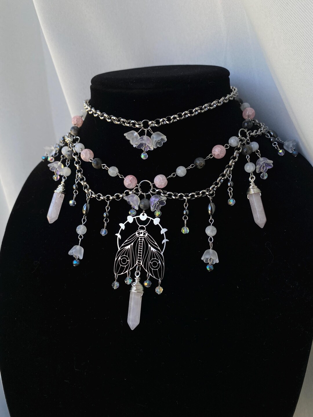 Alternative Moth Beaded Rose Quartz Pendant Necklace, Handmade ...