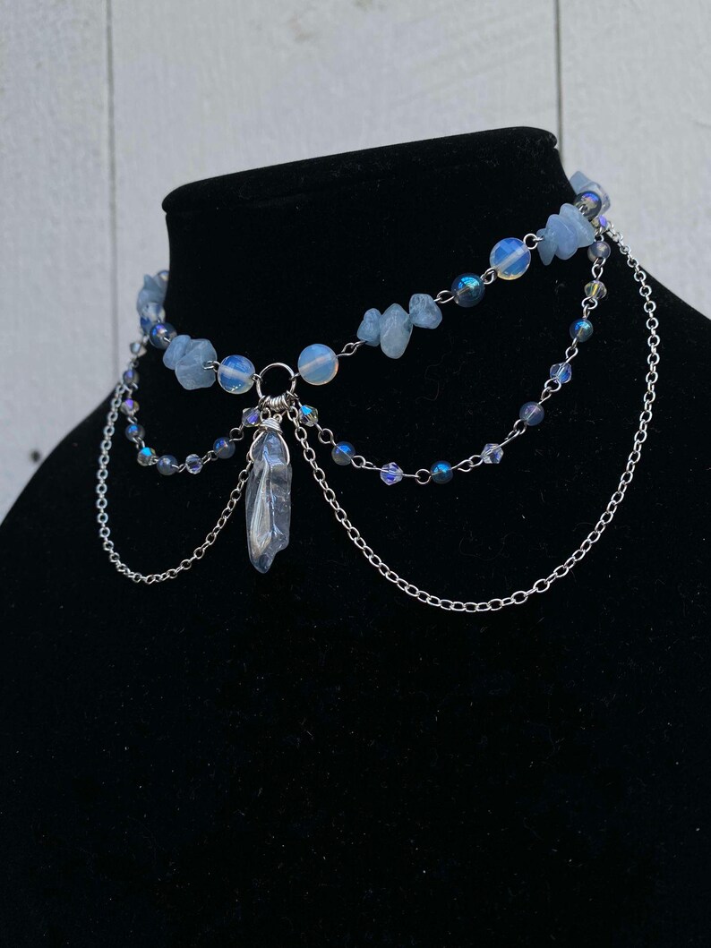 Sky Blue and Aurora Borealis Glass Beaded Alternative, Edgy Necklace ...