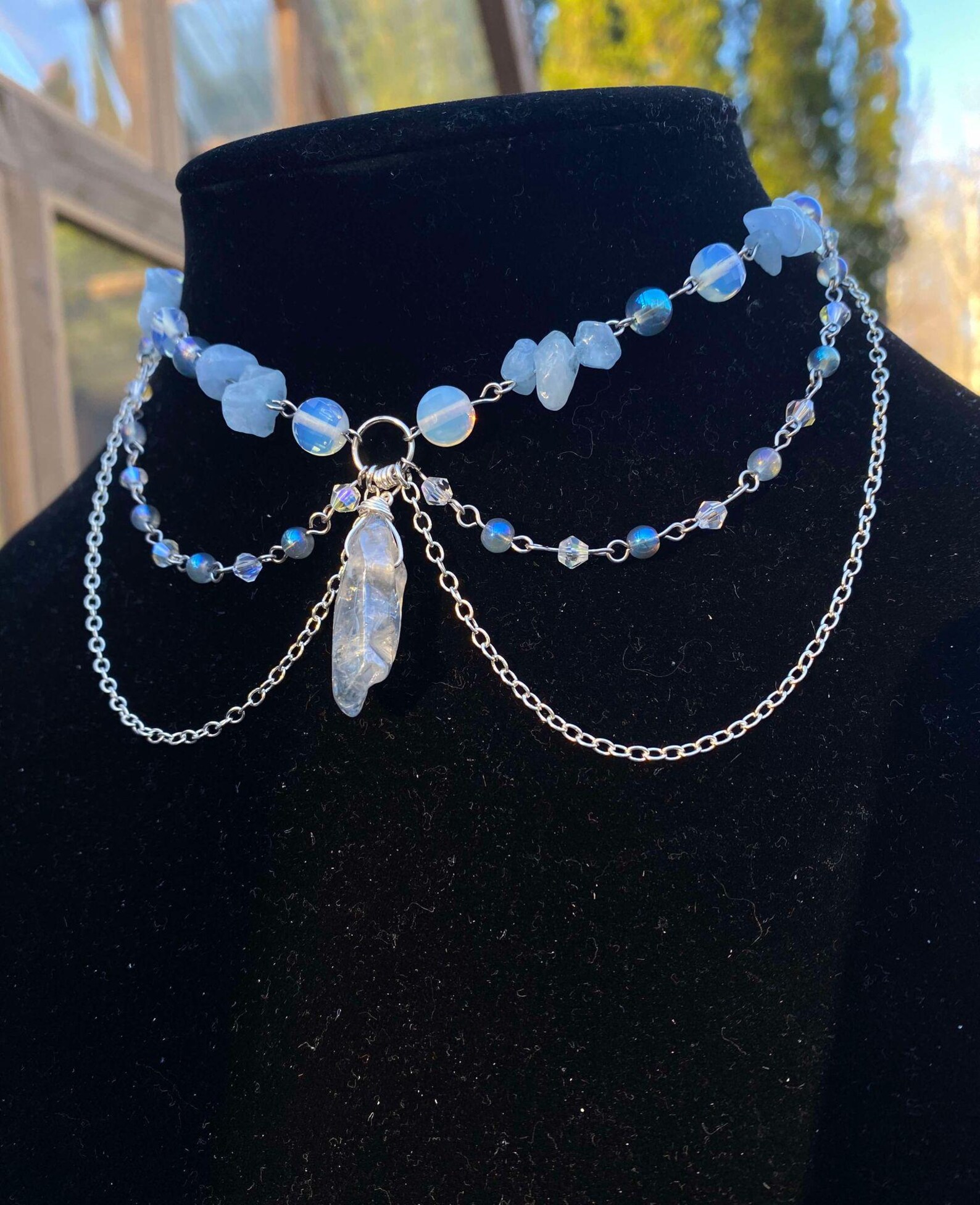 Sky Blue and Aurora Borealis Glass Beaded Alternative, Edgy Necklace ...