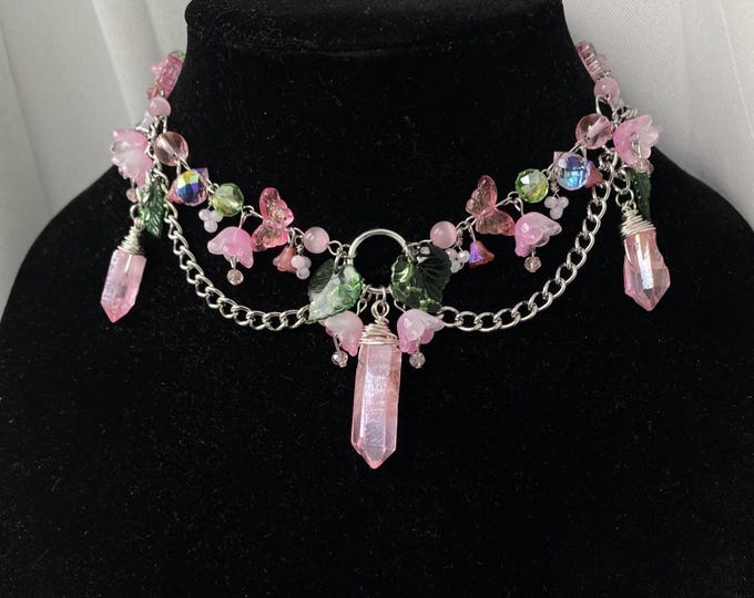 Whimsical Pink Quartz Beaded Flower Choker Necklace, Fairycore ...