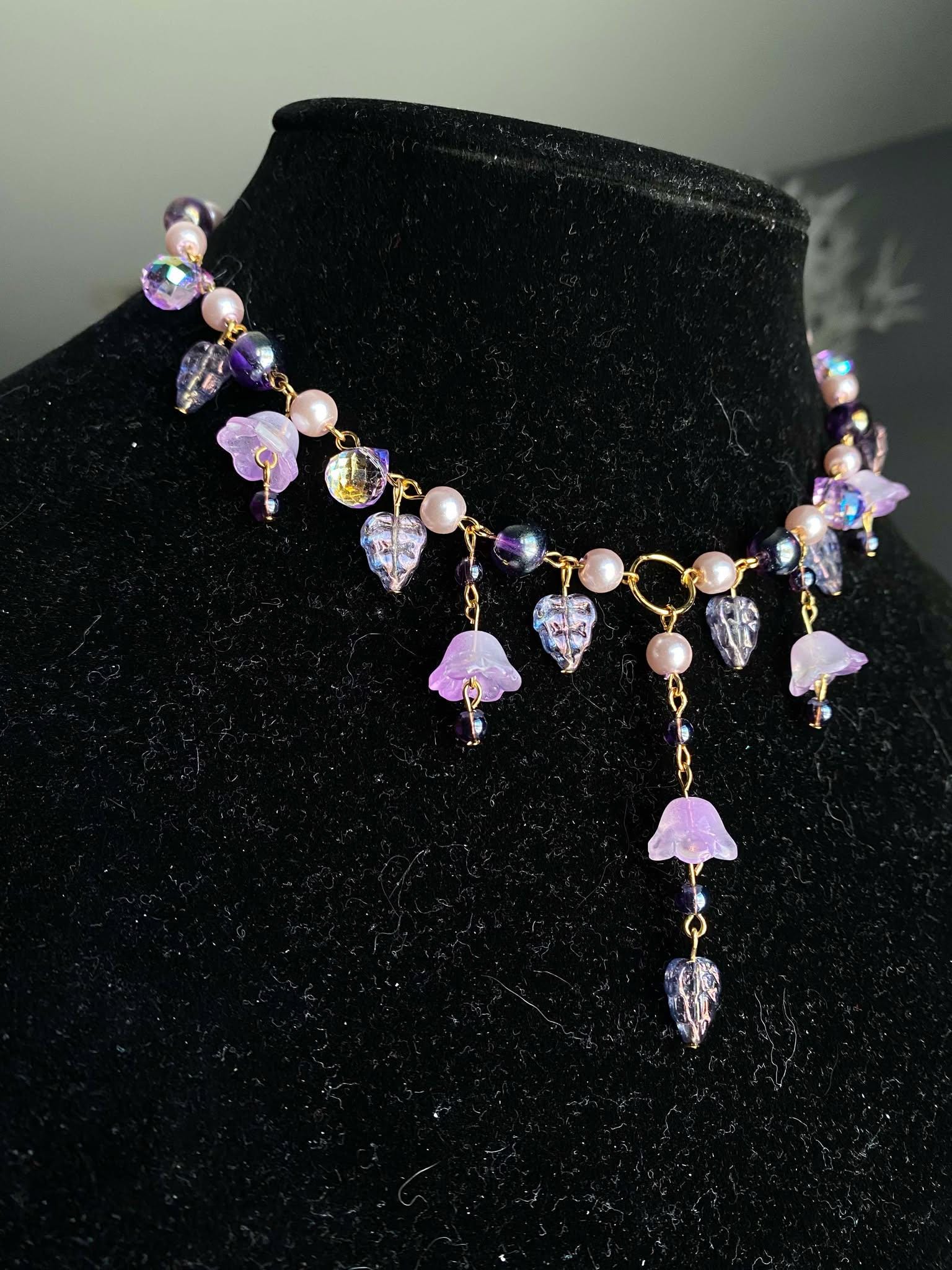 Whimsical Purple Flower and Leaf Glass Beaded Necklace, Fairycore - Etsy