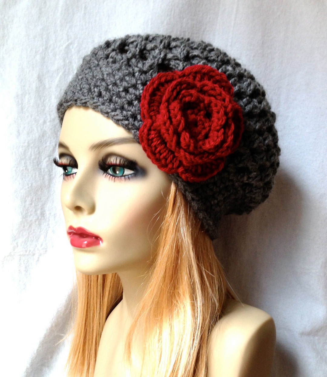 Charcoal Grey Womens Hat, Slouchy Beret, Ohio Buckeye, Red Rose Flower ...
