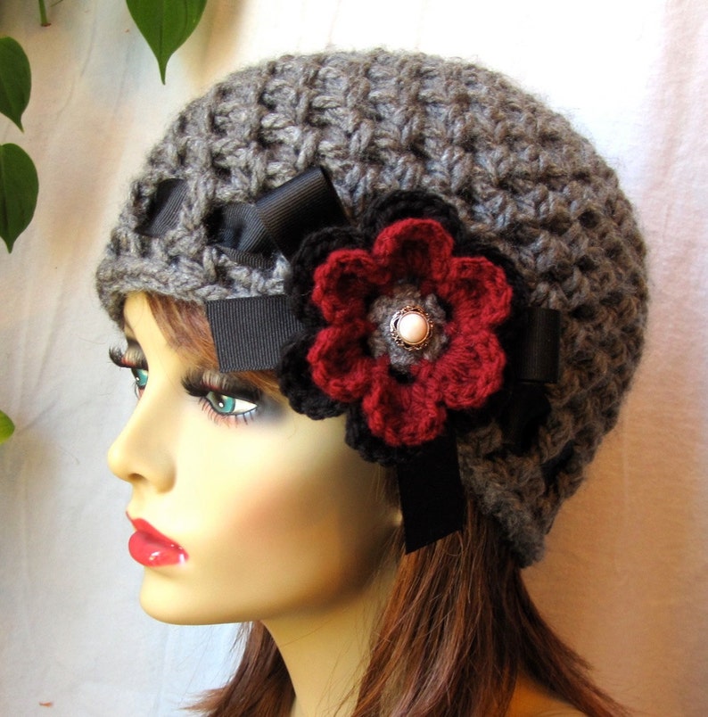 Crochet Hat Charcoal Grey Womens Hat Beanie Flower Ohio - Etsy
