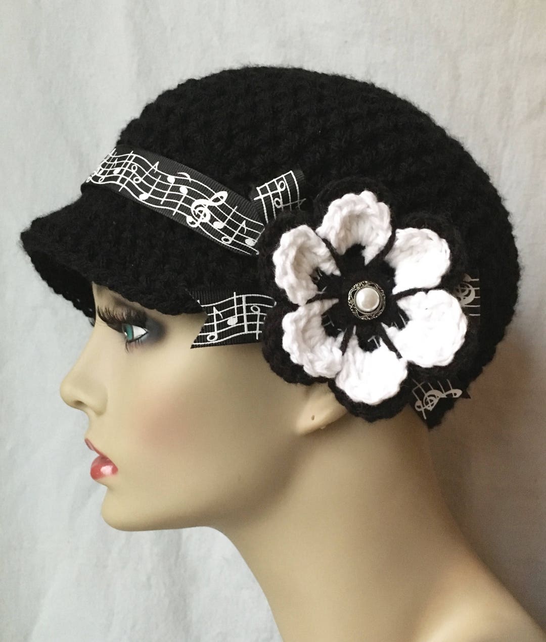 Free Shipping Musical, Womens Hat, Black Newsboy, Musical Notes Ribbon ...
