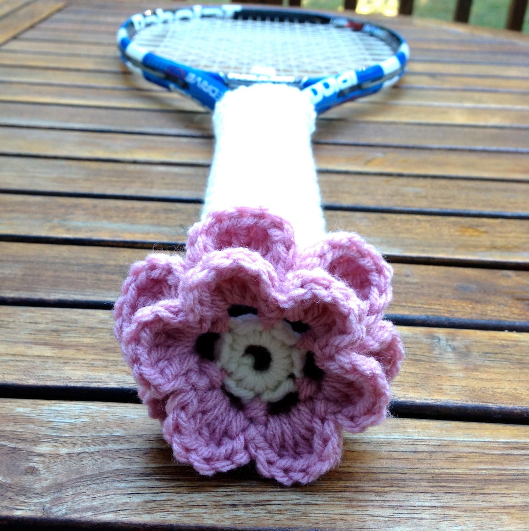 Crocheted Tennis Racquet Handle Cover: Cream & Rose Flower, Fun ...