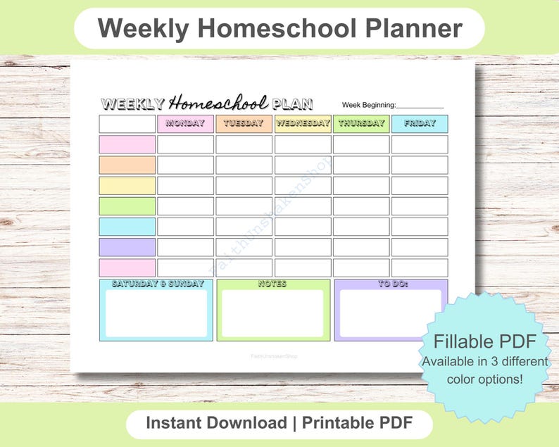 Weekly Homeschool Planner, Homeschool Kids Printable Editable Schedule ...