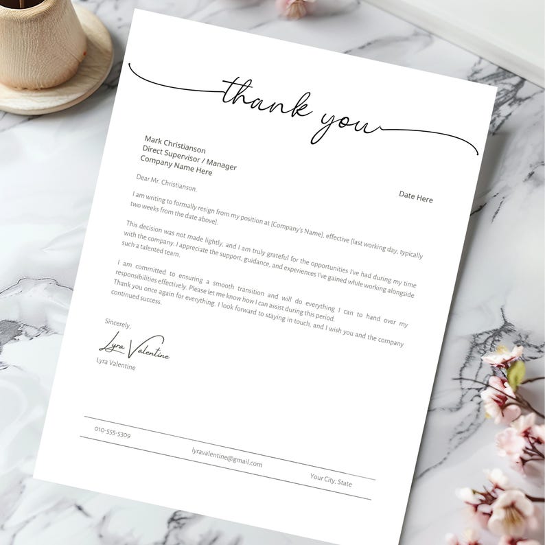 Professional Resignation Letter Two Week Notice Letter Editable in ...