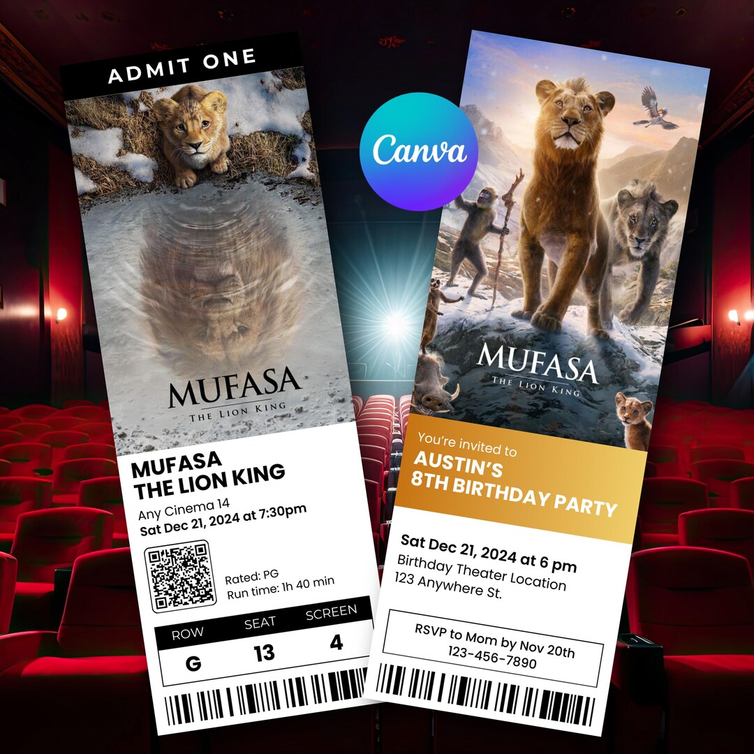 Editable Mufasa the Lion King Movie Ticket Invitation, Lion King Movie ...