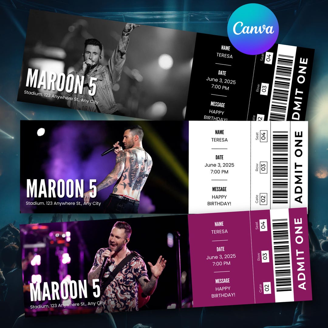 Editable Maroon 5 Concert Ticket Template, Maroon 5 Ticket Gift Keepsake, Canva Editable Digital ...