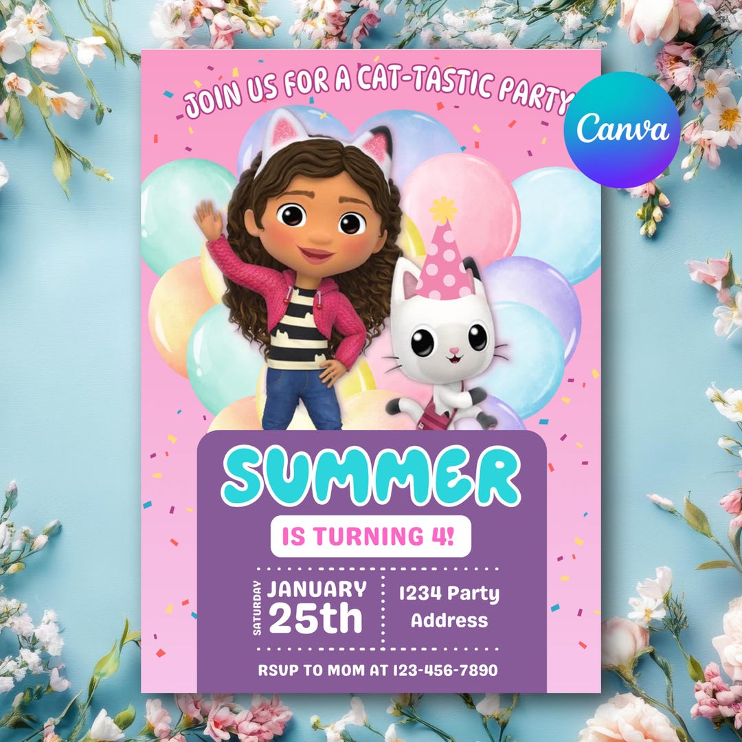 Editable Gabby's Dollhouse Birthday Invitation, Gabby & Pandy Birthday ...