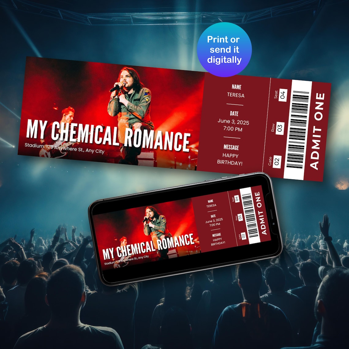 Editable My Chemical Romance Concert Ticket Template, My Chemical Romance Ticket Gift Keepsake ...