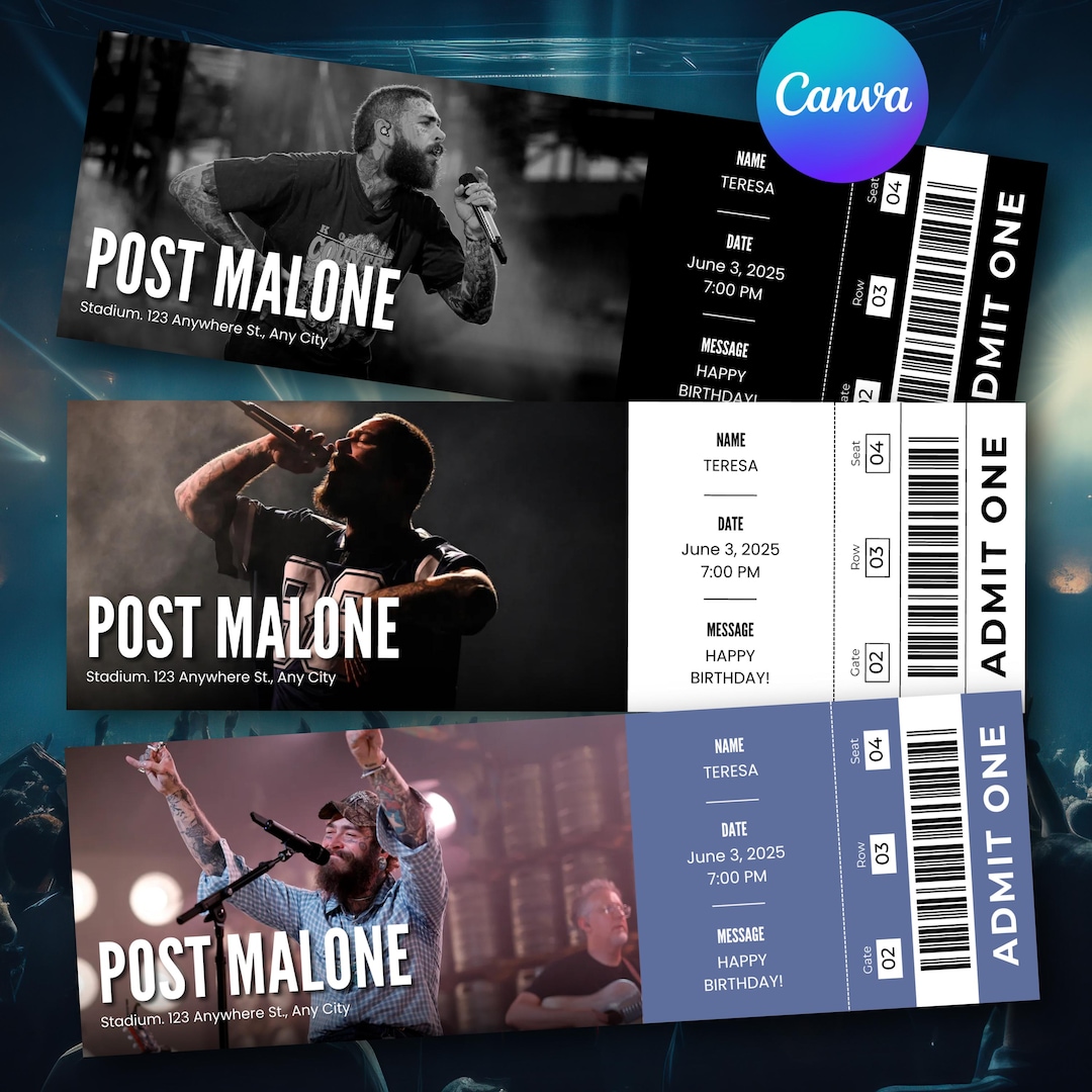 Editable Post Malone Concert Ticket Template, Post Malone Ticket Gift ...