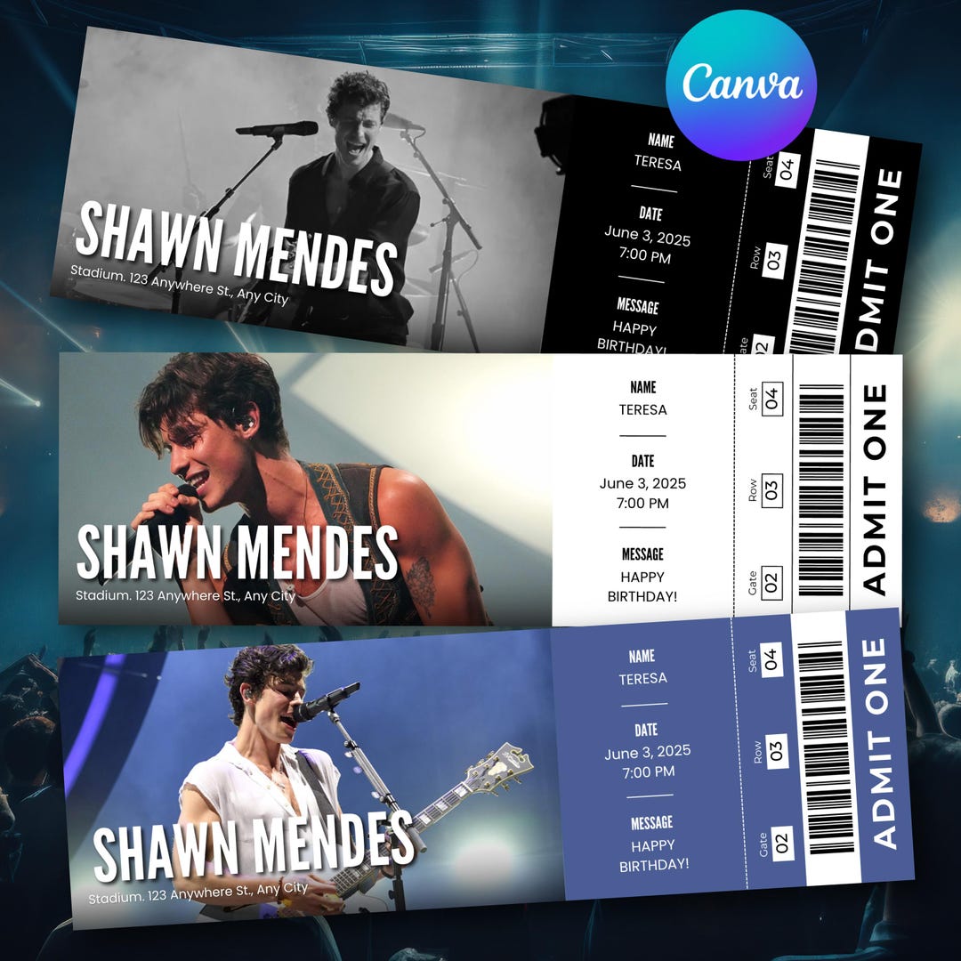 Editable Shawn Mendes Concert Ticket Template, Shawn Mendes Ticket Gift ...