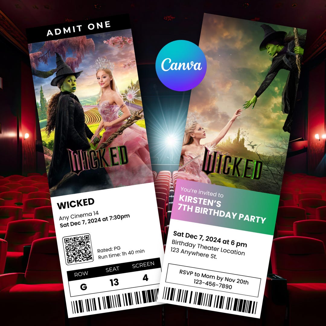 Editable Wicked Movie Ticket Birthday Invitation, Wicked Movie Birthday Party Ticket Digital ...