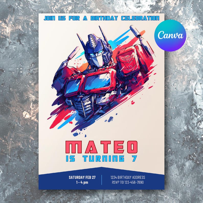 Optimus Prime Birthday Party Invitation, Transformers Optimus Boys ...