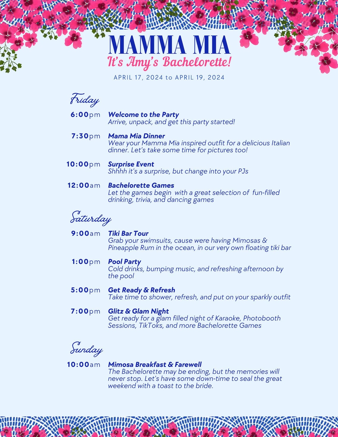 Mamma Mia Bachelorette Party Itinerary Planner Template - Etsy