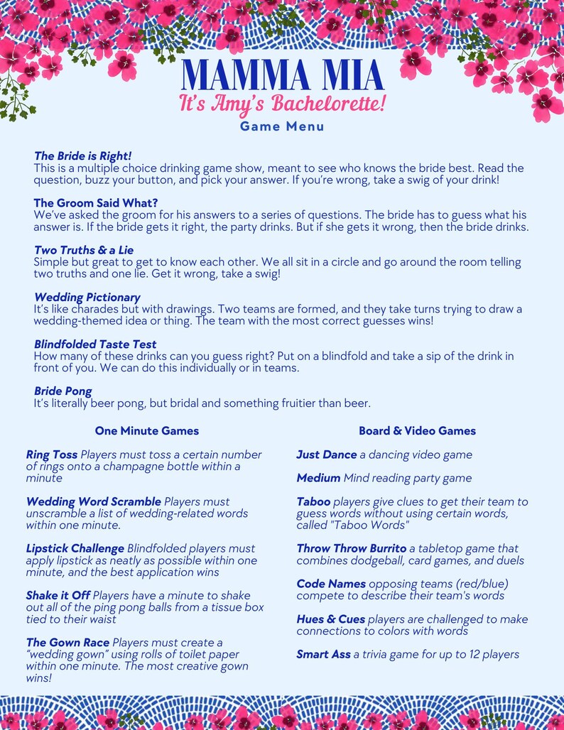 Mamma Mia Bachelorette Party Itinerary Planner Template - Etsy