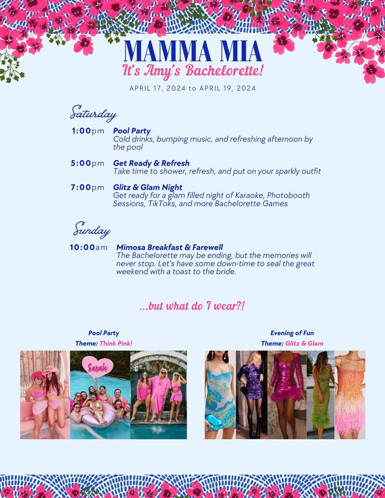 Mamma Mia Bachelorette Party Itinerary Planner Template - Etsy