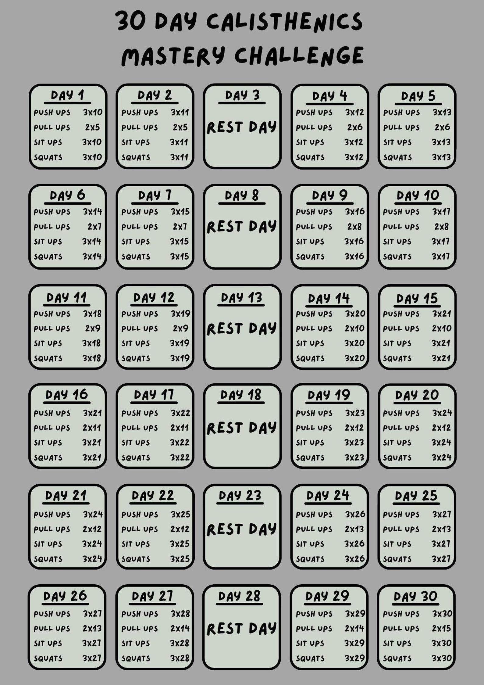 Printable - 30 Day Calisthenics Challenge - Etsy