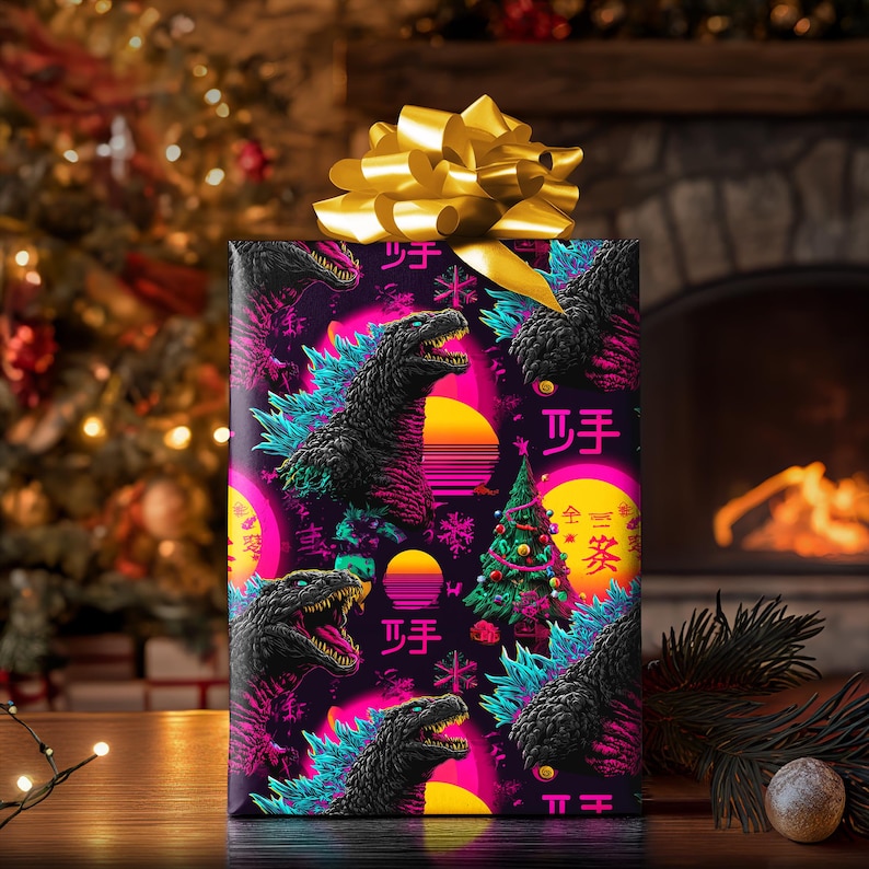 Kaiju Christmas Wrapping Paper - Vaporwave Godzilla Neon Monster ...