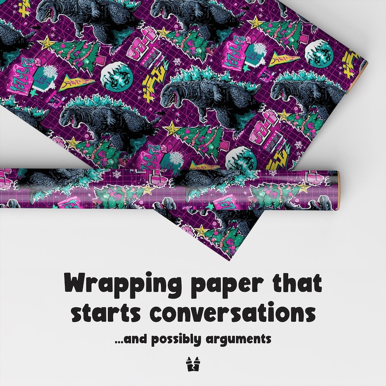 Retro 90s Godzilla Christmas Wrapping Paper - Y2K Kaiju Vaporwave Retro ...