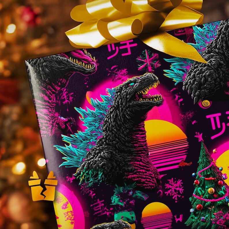 Kaiju Christmas Wrapping Paper - Vaporwave Godzilla Neon Monster ...